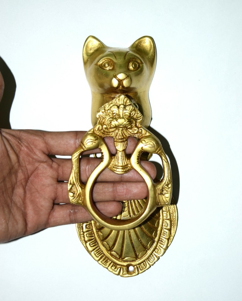 Chinese Cat Figure Knocker Solid Brass Pull Home Decor Door Bell Ring ...