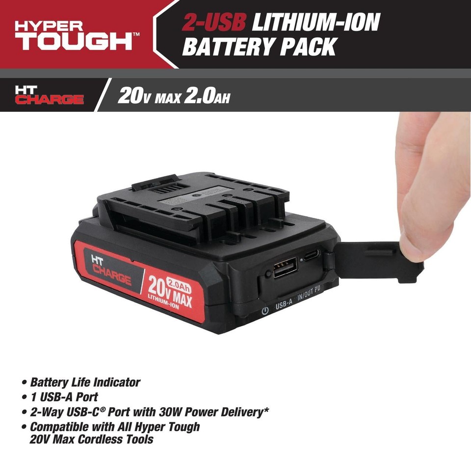 Hyper Tough 20V Max 2.0Ah Lithium-Ion Battery Pack with USB-A and USB-C ...