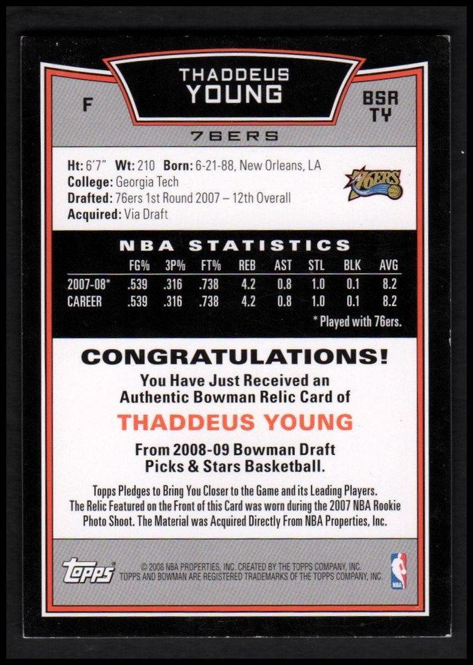 2008-09 Bowman Retail Relics #BSRTY Thaddeus Young Jersey - NM-MT | eBay