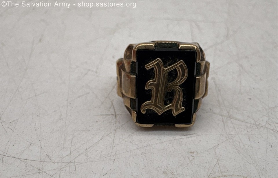 Vintage 10k Yellow Gold Black Onyx Initial Signet Ring Size 7.75 - 6.6g ...