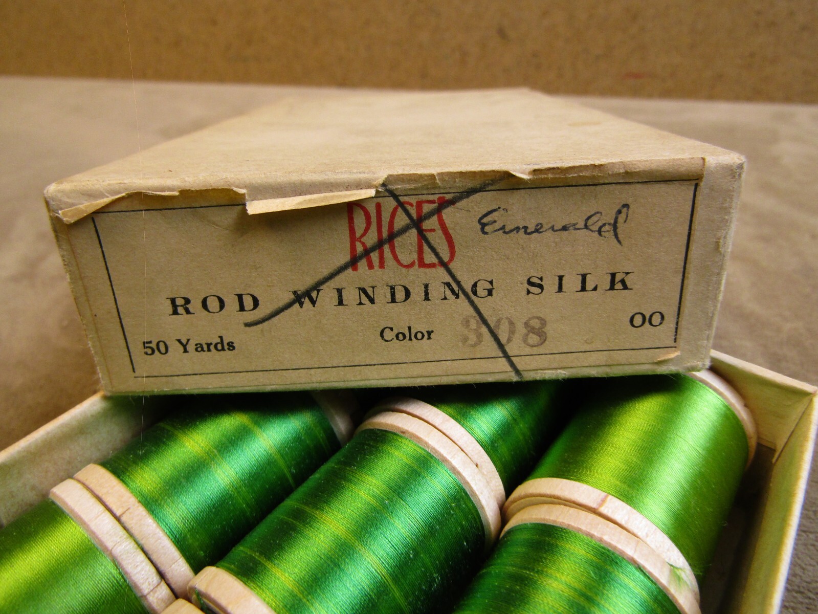 VINTAGE NOS RICE'S EMERALD NO.308 OO ROD WINDING SILK THREAD FLY TYING ...
