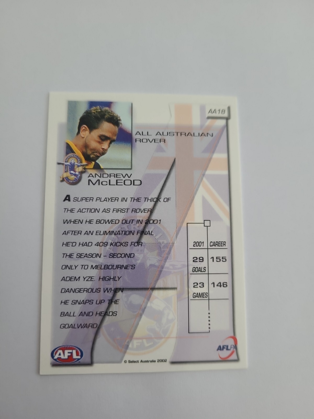 2002 SELECT AFL SPX CARD ALL AUSTRALIAN TEAM CARD AA18 ANDREW McLEOD ...