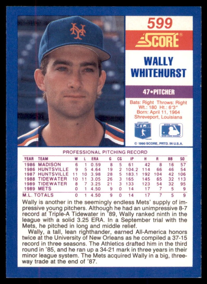 1990 Score #599 Wally Whitehurst - New York Mets - Rookie | eBay