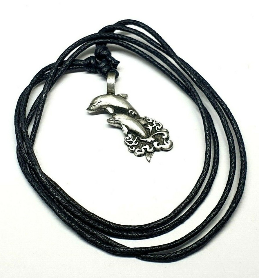 Dolphin Pendant Necklace Dolphins Swimming Sea Pewter Black Adjustable Cord | eBay