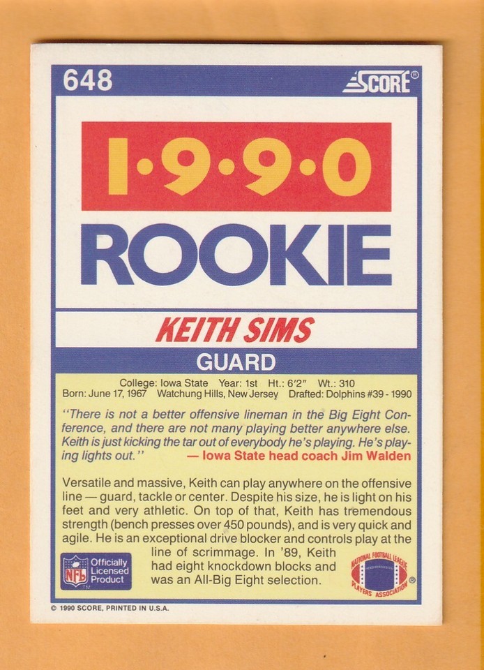 Keith Sims Iowa State Cyclones AUTO Signed 1990 Score Warren New Jersey ...