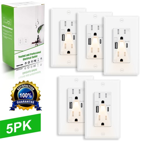 5 PK USB A/C 24W Fast Charging Outlets with Guide Lights 4.8A Manual On ...