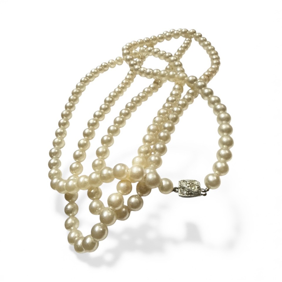 🤍Vintage Cream Faux Pearl Necklace 1950s Single Strand Filigree Box ...