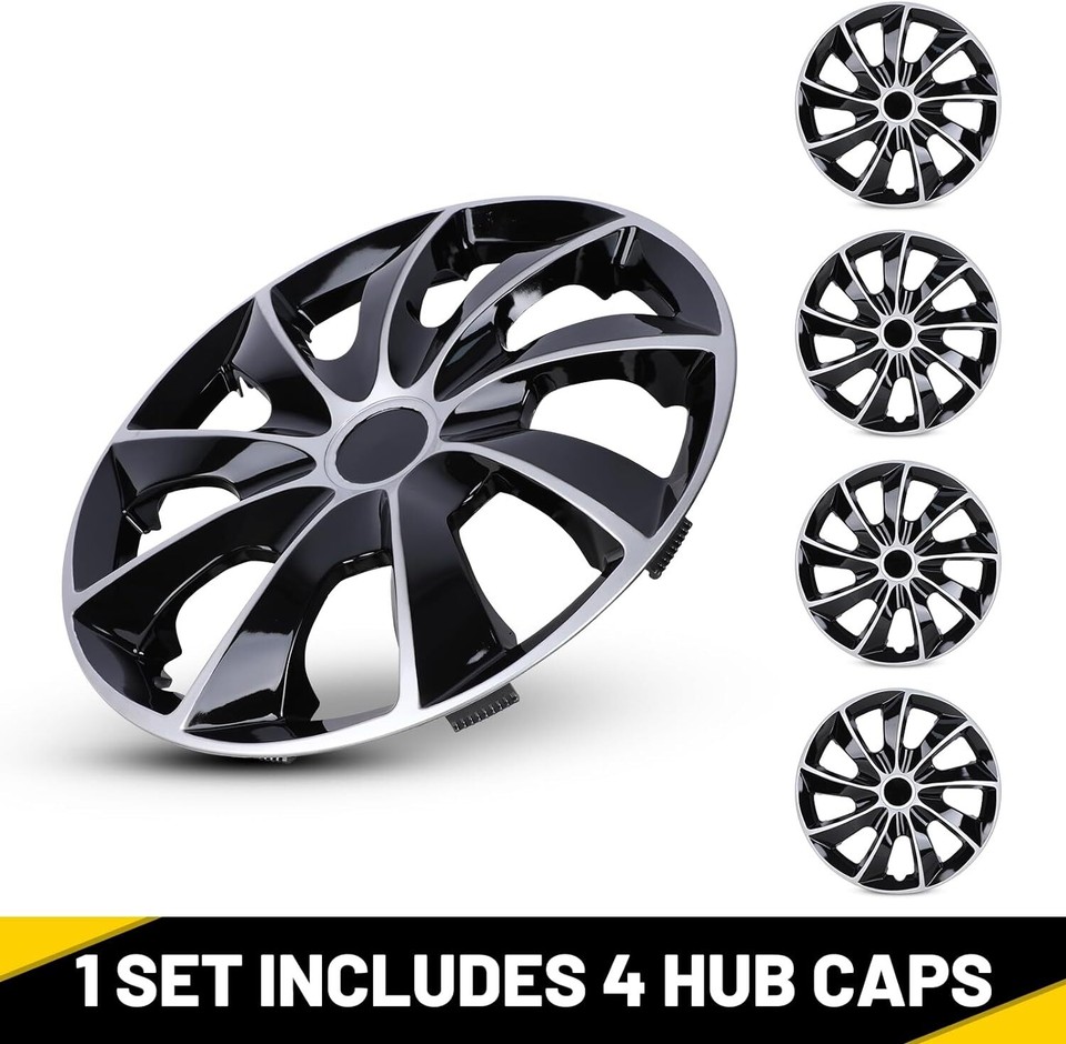 15" Set Of 4 Silver&Black Wheel Covers Snap On Hub Caps Fit R15 Tire ...