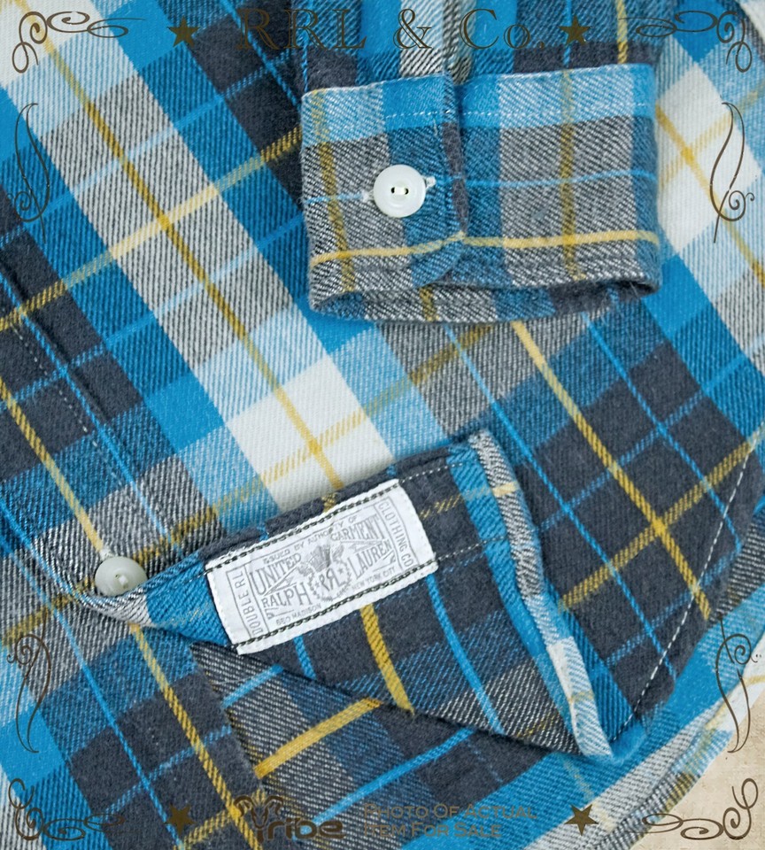 RRL Ralph Lauren Men's Blue Plaid Shirt Brushed Cotton Twill Check ...