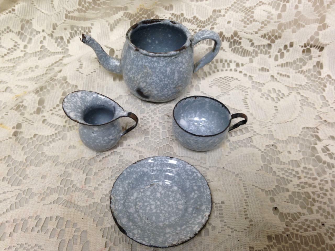 Antique, 4-pc Gray Spotted Graniteware Enamelware Child's Dinner-Tea ...