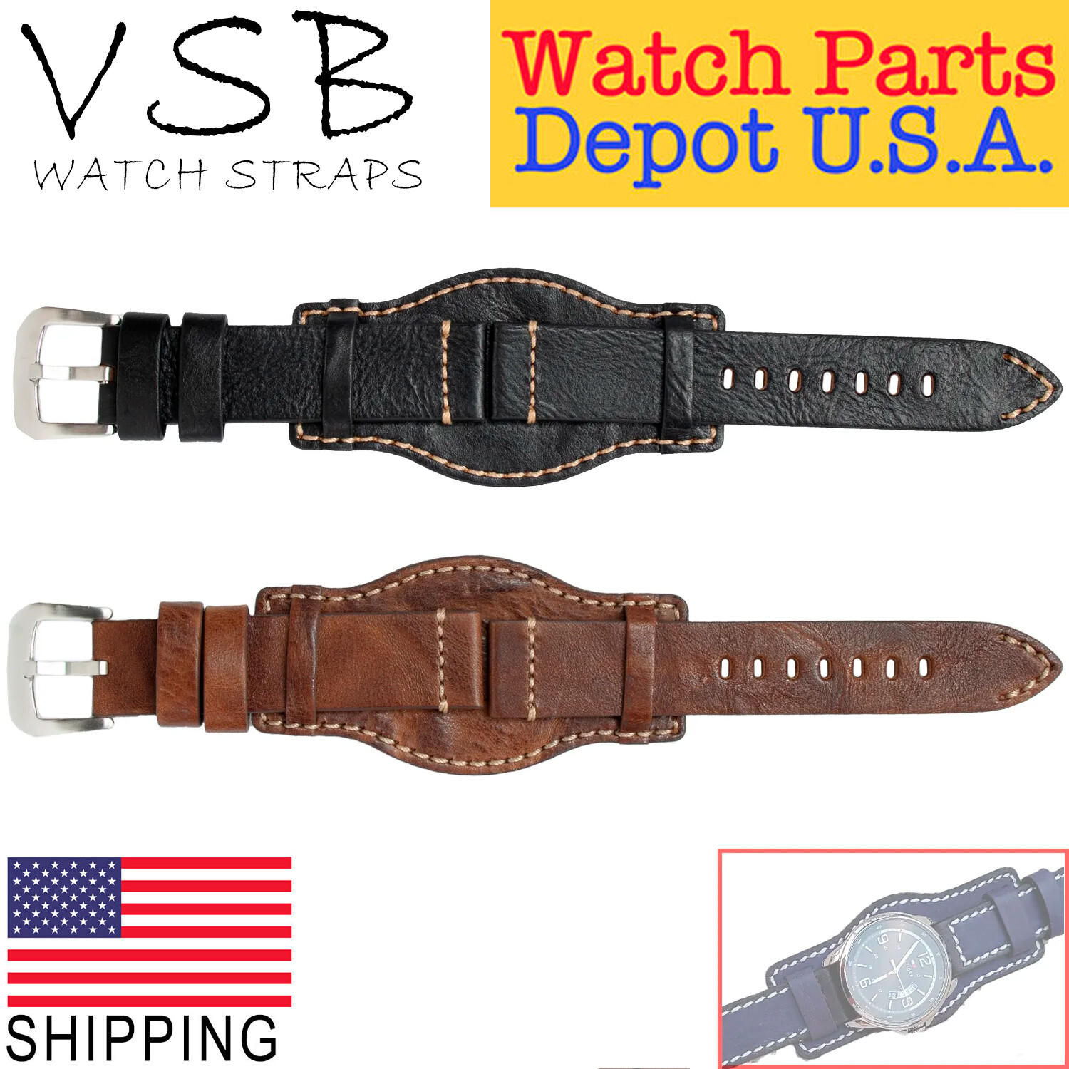 VSB801 Contrast Stitch Leather Watch Band Military Cuff Strap (20mm ...