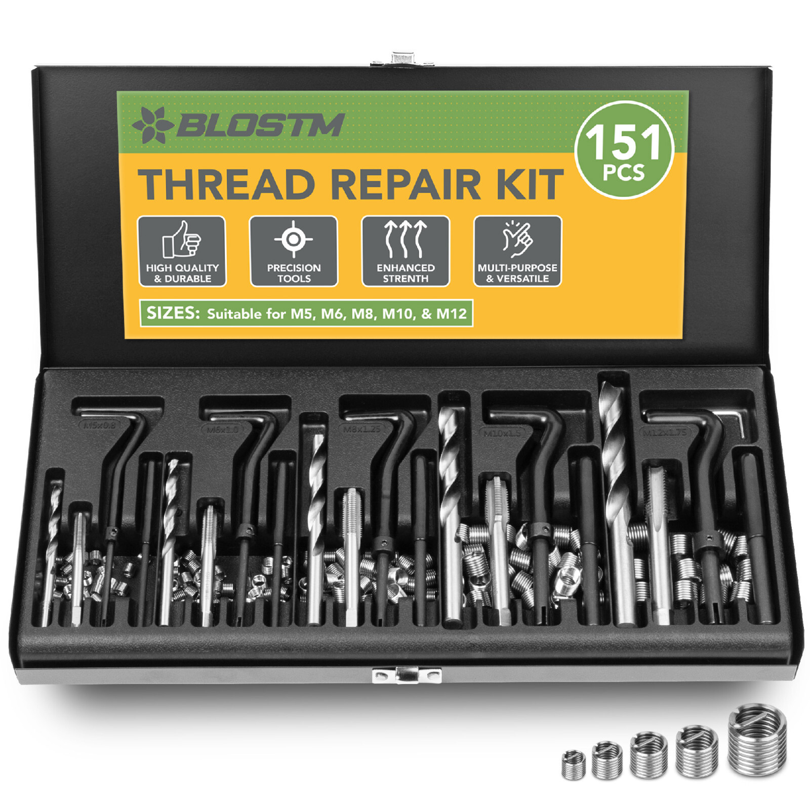 BLOSTM 151PCS Thread Repair Kit M5 M6 M8 M10 M12 Steel Storage Case Hex ...
