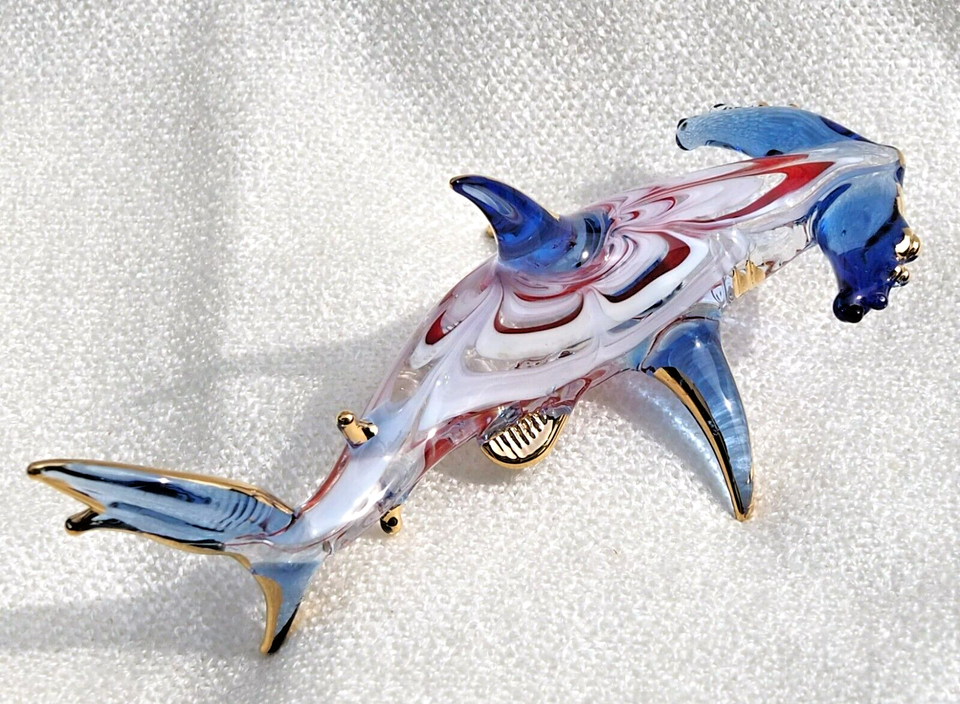 Blue Maroon HAMMERHEAD shark figurine handmade blown glass gold trim 4. ...