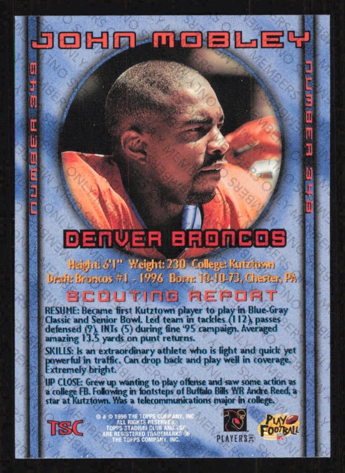 1996 Topps Stadium Club JOHN MOBLEY Members Only card DENVER BRONCOS ...