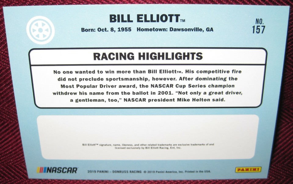 2019 DONRUSS #157 BILL ELLIOTT NICKNAME VARIATION RETRO DESIGN | eBay