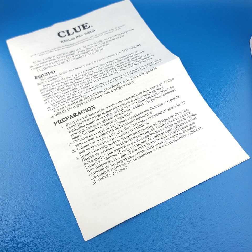 Clue Rules Instructions Espanol Spanish Only Replacement Game Piece ...