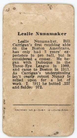 1912 T207 Brown Background LESLIE NUNAMAKER Boston Red Sox ANONYMOUS ...