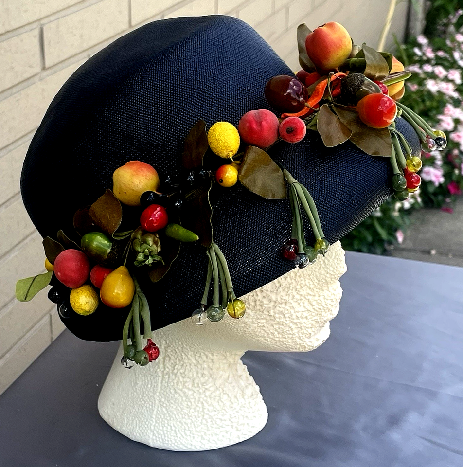 Women’s Schiaparelli Navy Cloche Style Hat w/ Fruits In Hat Box | eBay