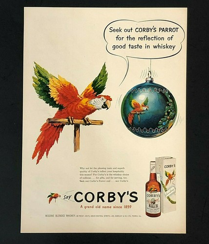 Corbys Whiskey Advertisement 1951 Macaw Parrot w Christmas Ornament Vtg ...