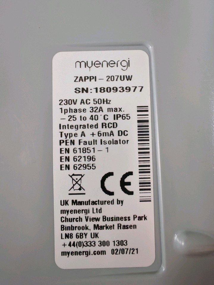 Myenergi Zappi White Tethered Type2 32A 7.2kw Fast Smart EV Charger ...