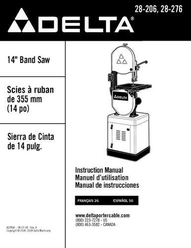 Delta 28-206 28-276 14" Band Saw Instruction Manual | eBay