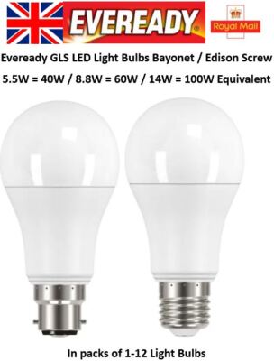 40W 60W 100W LED GLS Light Bulbs BC B22 ES E27 Cap Warm, Cool, Daylight ...