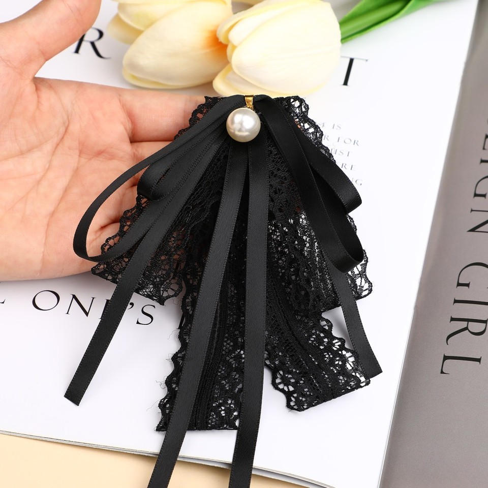 Lace Ribbon Collar Tie Neck for Women Elegant Black Pre-tied Bow | eBay ...