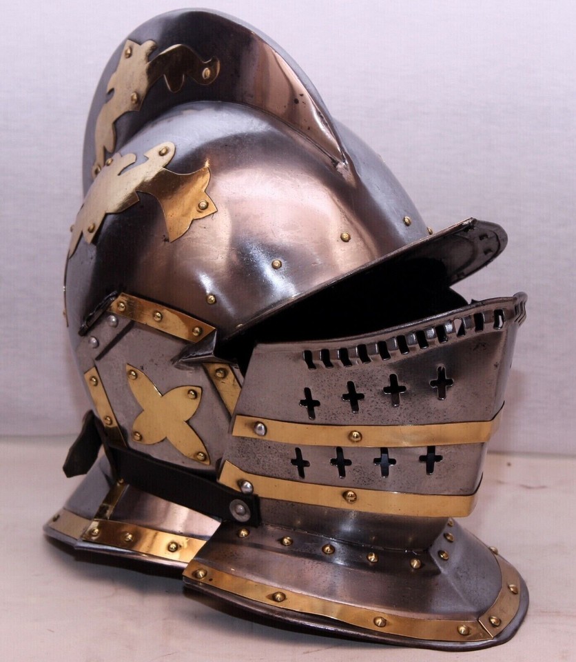 20ga Steel Medieval Knight Larp Warrior Brass Accent Burgonet Helmet | eBay