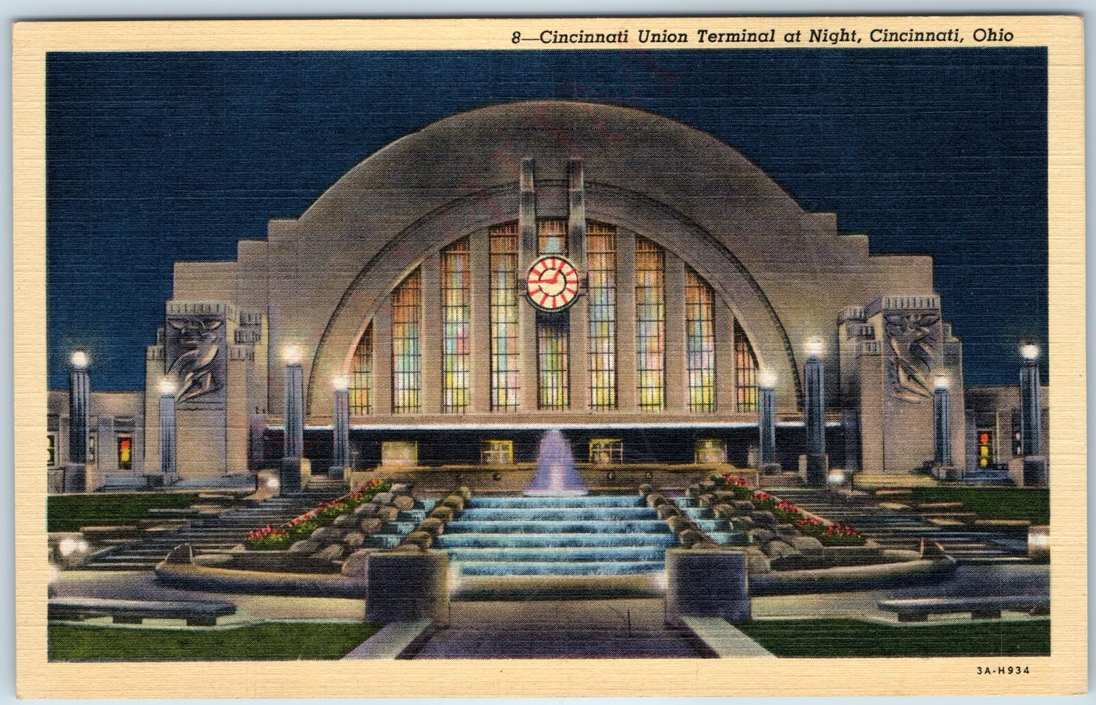 1933 Cincinnati Ohio Union Terminal at Night Nice Linen Teich Union ...