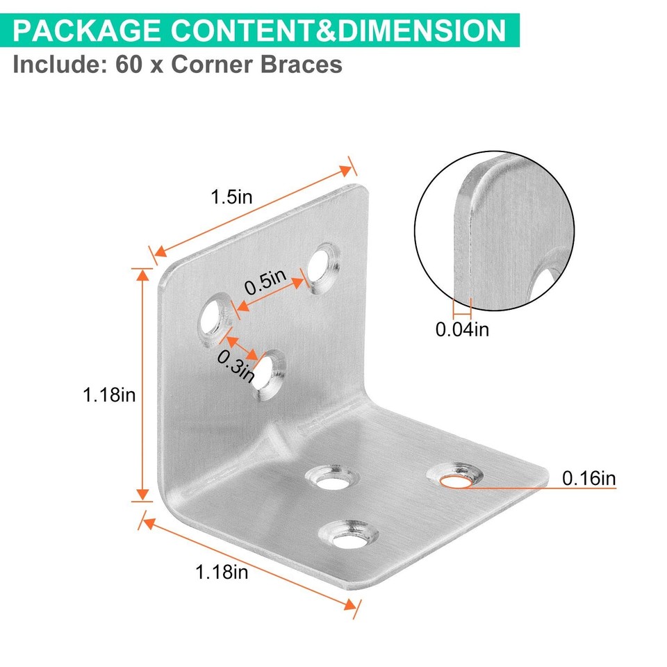64 PCS Stainless Steel Corner Brace 1.5x1.2 Small 90 Degree Angle ...