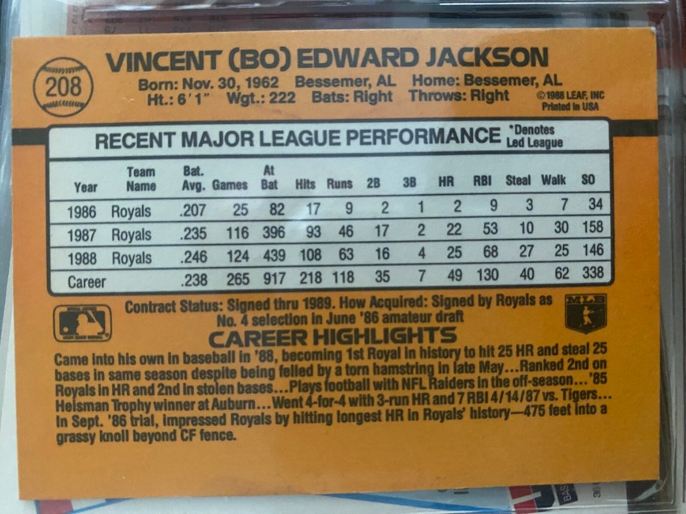 Bo Jackson Donruss 1989 #208 Double Error Card Very RARE! Mint | eBay