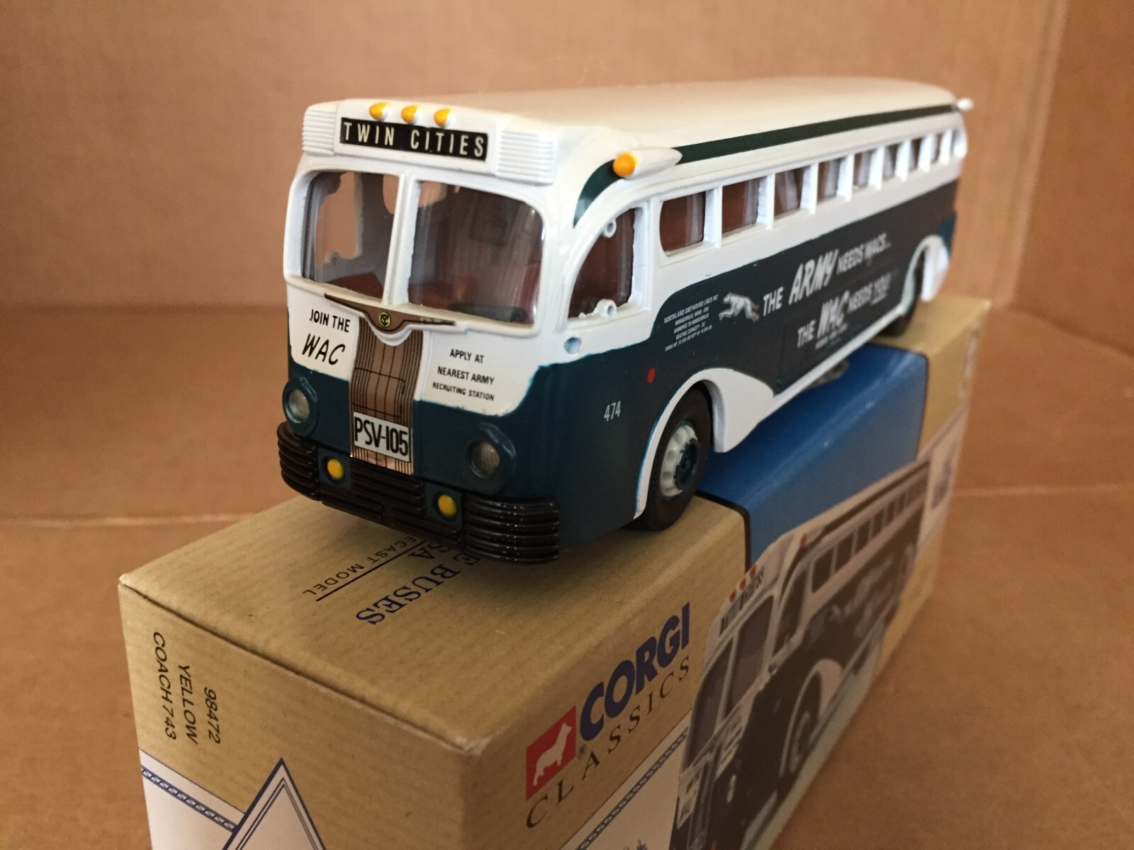 CORGI CLASSICS BUS 98472 TWIN CITIES GREYHOUND ARMY JOIN WAC'S YELLOW ...