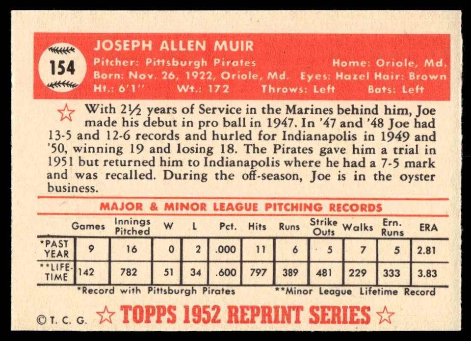 1983 Topps 1952 Reprint Series Joe Muir Pittsburgh Pirates #154 | eBay