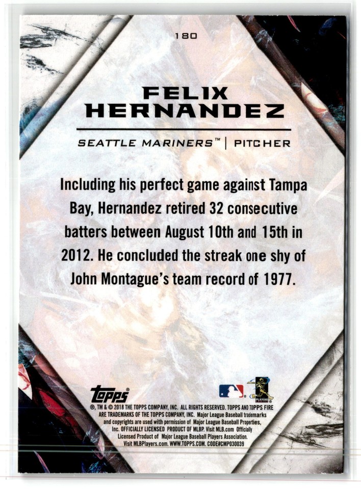2018 Topps Fire Baseball #180 Felix Hernandez Seattle Mariners | eBay