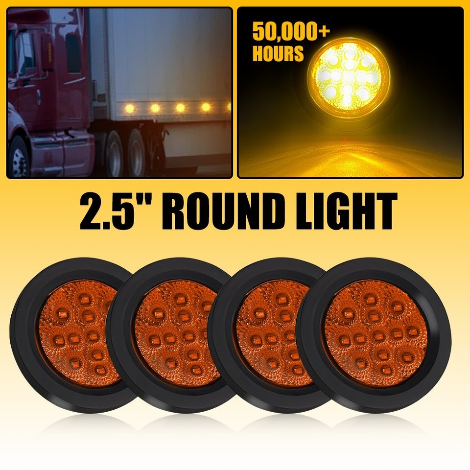 4x 2.5 DOT Inch Round Yellow LED Trailer Side Marker Lights w/ Grommet ...