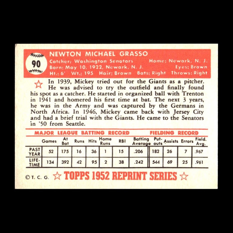 Mickey Grasso 1983 Topps 1952 Reprint Series Washington Senators #90 ...