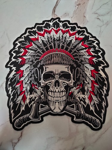 Indian Chief Skull Native Feathered Warrior Axe Biker Motorcycle Iron ...