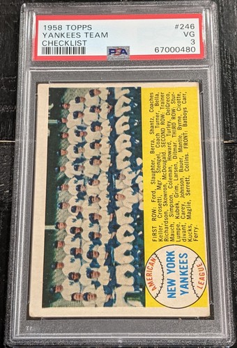 1958 Topps YANKEES TEAM CARD Checklist Mickey Mantle PSA 3 VG #246 ...