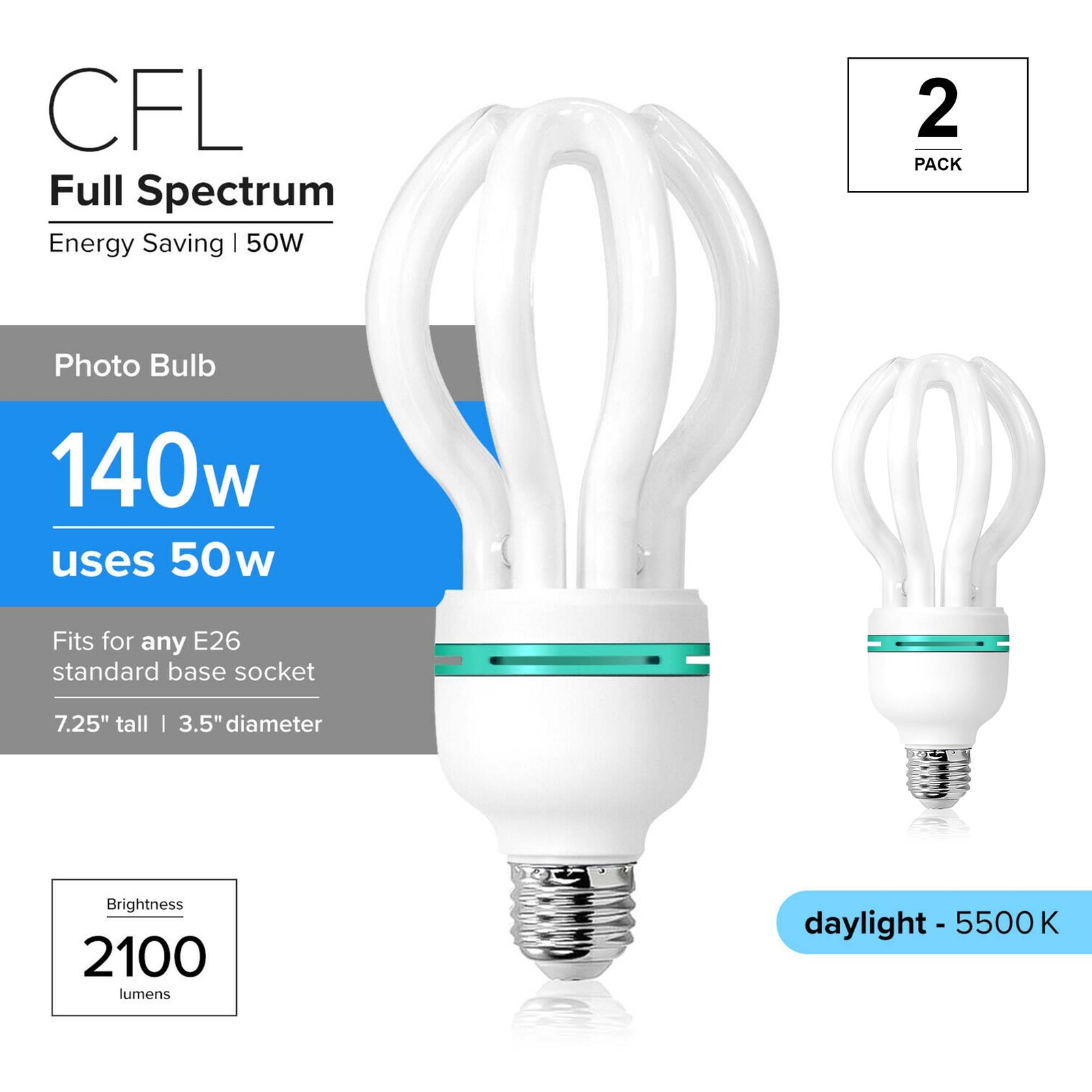 LSP [2-Pack] CFL 50W Photography Video Lighting Bulb 5500K Photo Studio ...