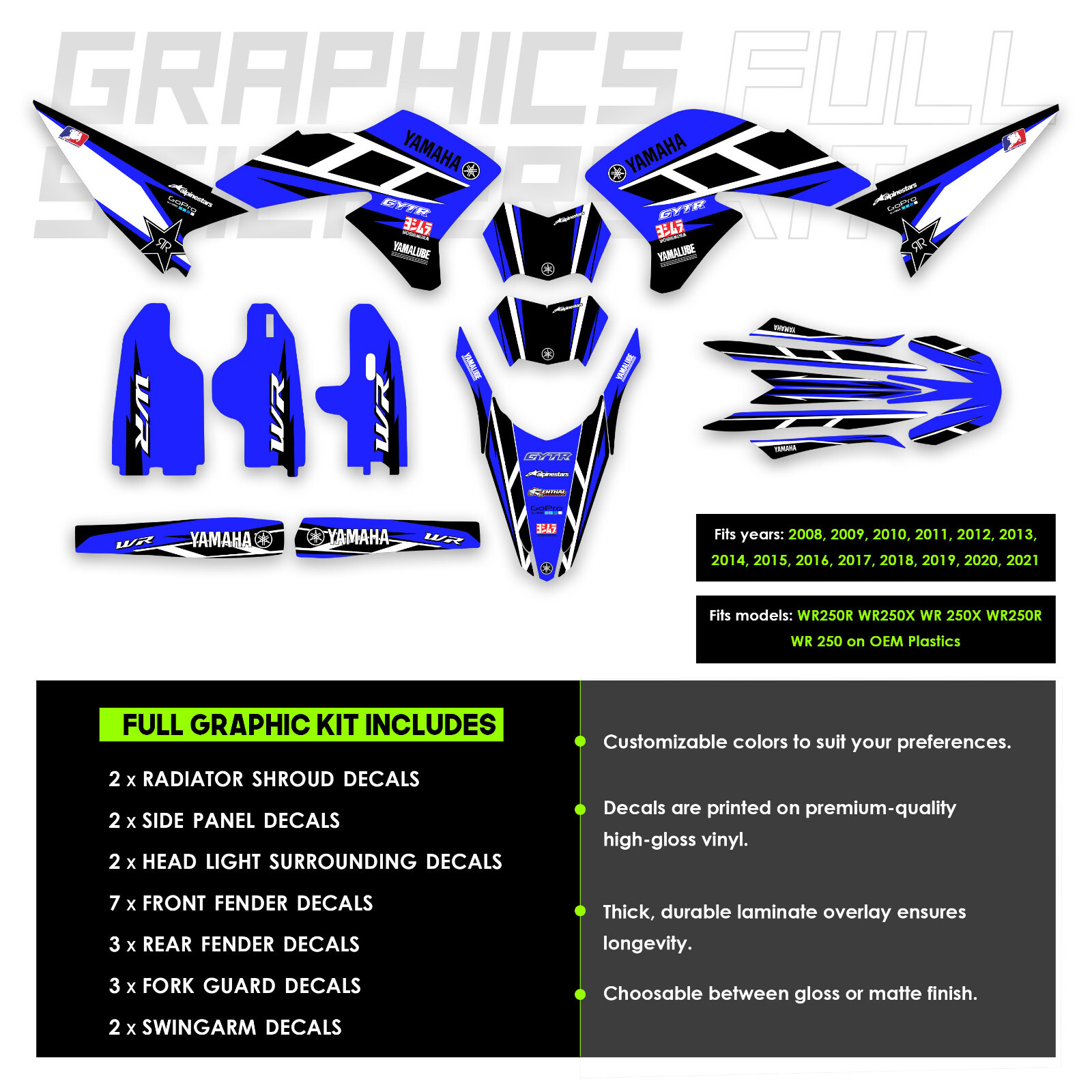 YAMAHA WR250X WR250R Graphics Decal Stickers Full Kit All Years (2008 ...