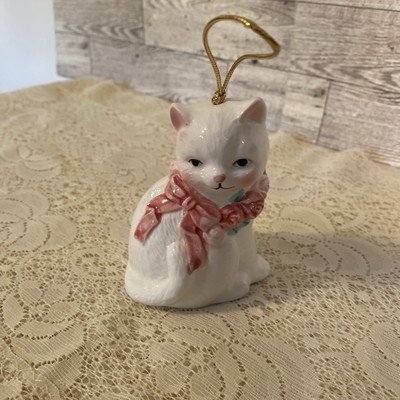 Vtg Ceramic White Cat / Bell Christmas Ornament 4” Tall Without Hanger ...