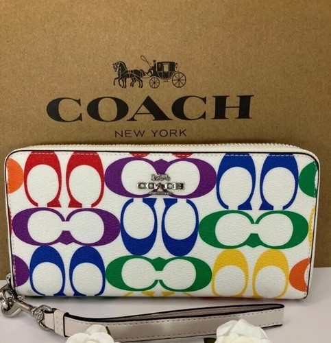 COACH Rainbow White Signature Logo Long Wallet Round Zip with Strap ...