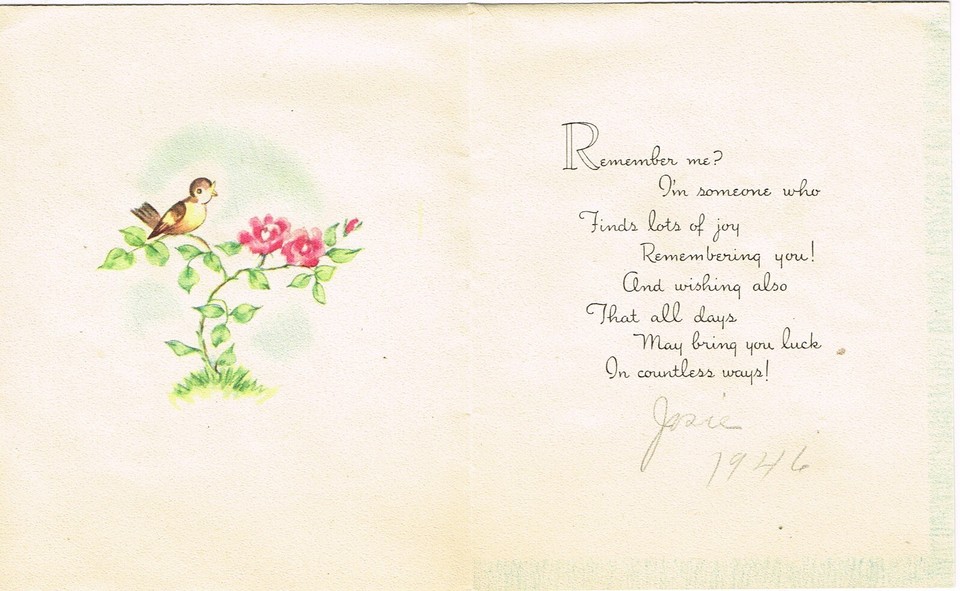 Greeting Card Remember Me Sweet Little Girl Bird Flowers 1946 Vintage w ...
