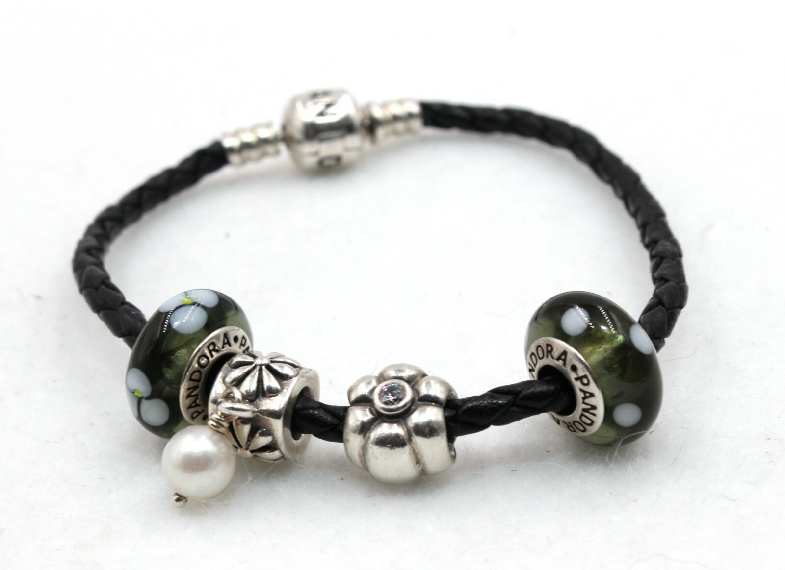 Pandora Charm Bracelet Black Leather Cord Murano Glass Pearl & Sterling ...