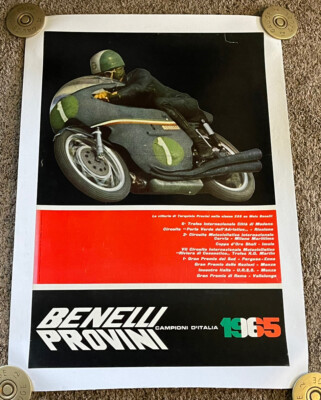 Original 1965 BENELLI Motorcycle Racing Poster, Provini, Linen Backed ...