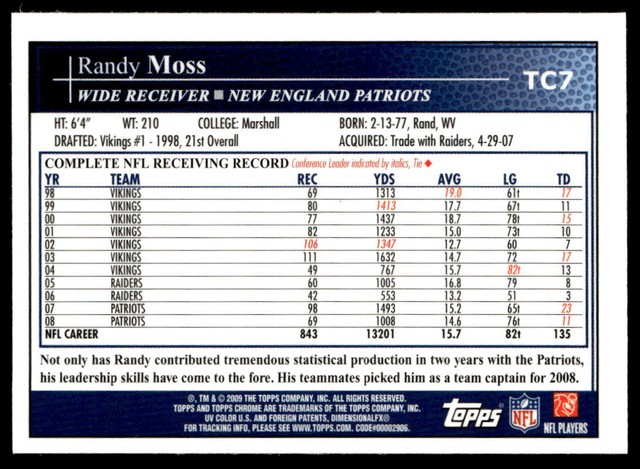 2009 Topps Chrome - #TC7 Randy Moss for sale online | eBay