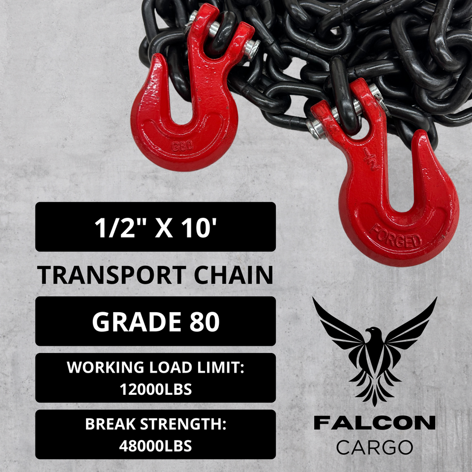 Falcon Cargo 1/2" X 10' G80 Tow Chain Transport Binder 12,000 LBS Grab ...