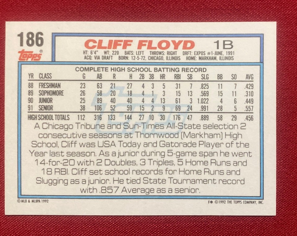 Cliff Floyd 1992 Topps Draft Pick Rookie Card #186 Montreal Expos NM | eBay