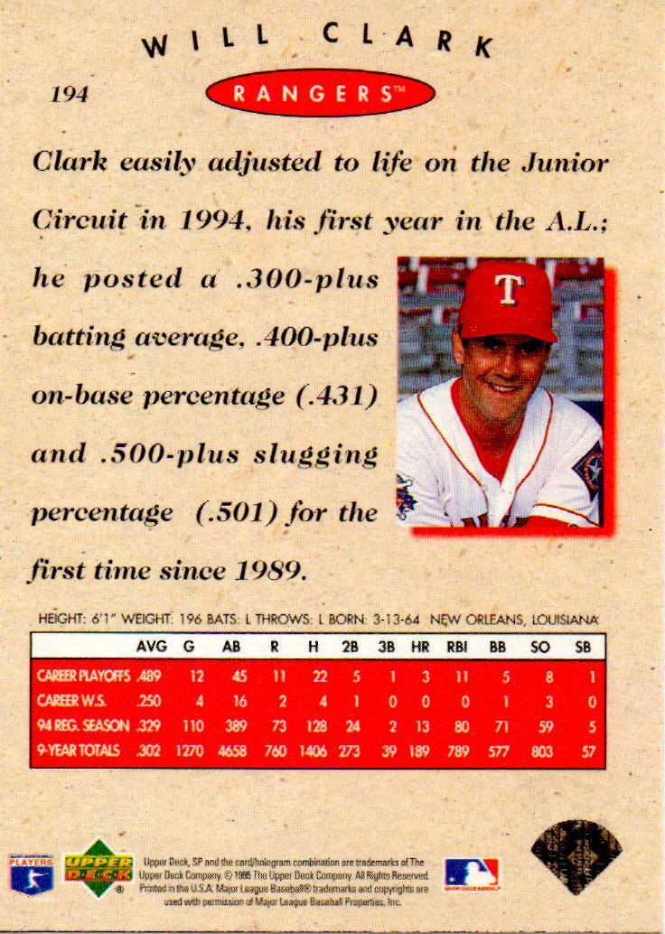 Will Clark Baseball Trading Card Texas Rangers MLB Upper Deck #194 1995 ...