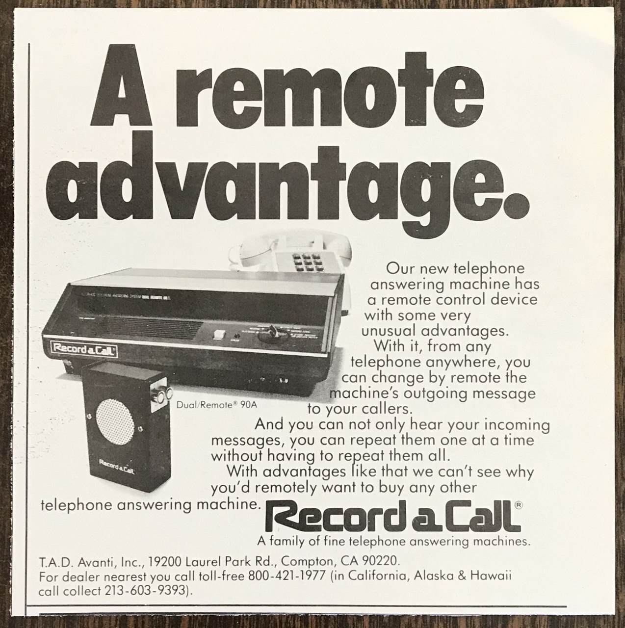 1980 Record a Call Telephone Answering Machines PRINT AD A Remote ...